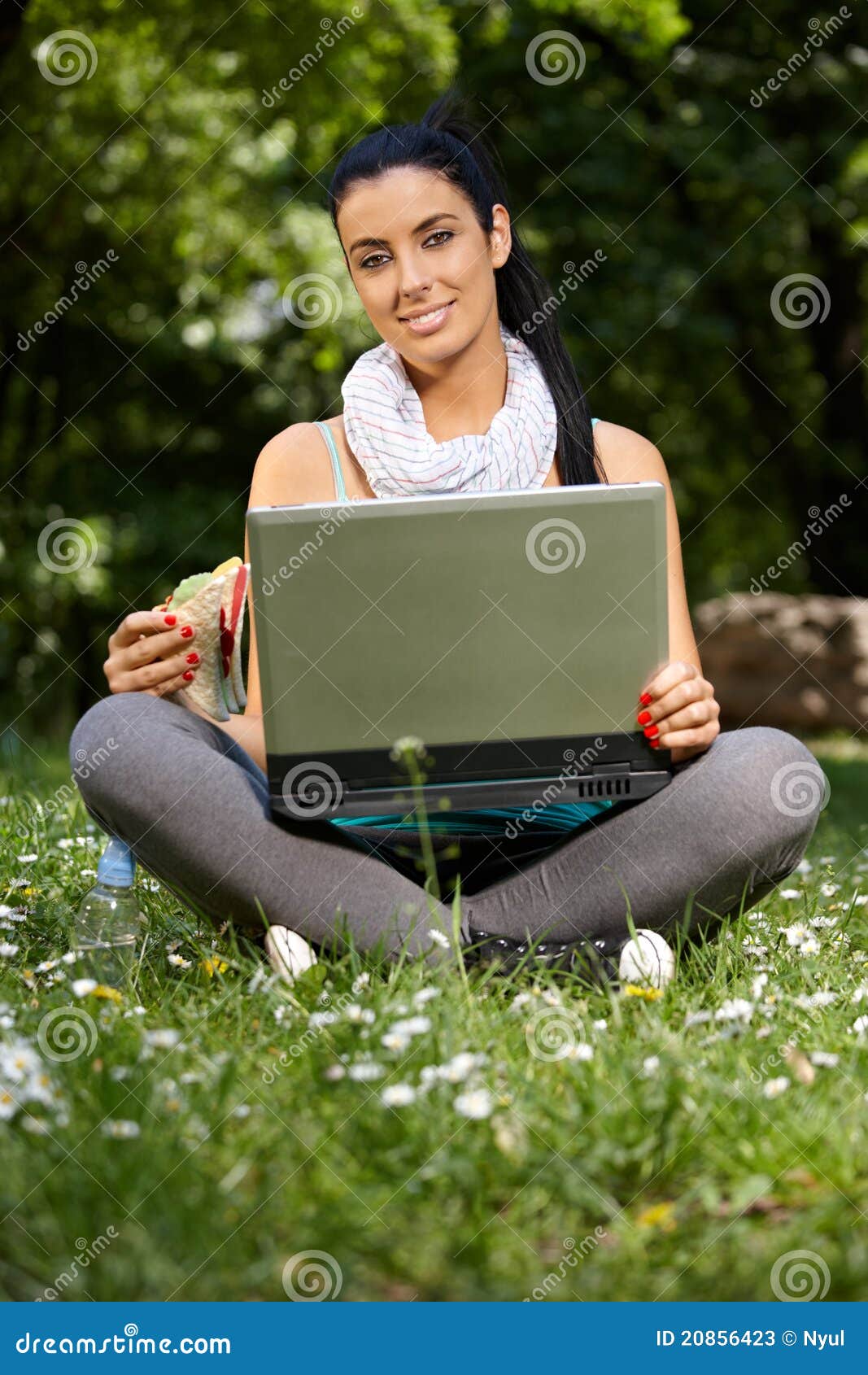 Pretty Girl Sitting in Park with Laptop Smiling Stock Image - Image of ...