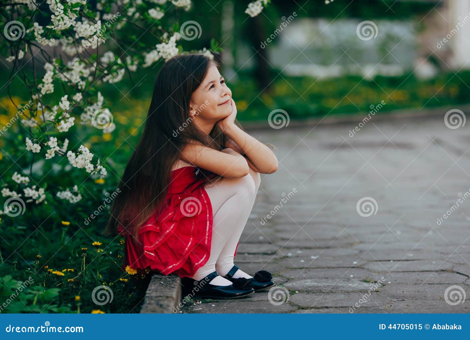 Pretty Girl Sitting Under the Cherry Tree Stock Image - Image of alone ...