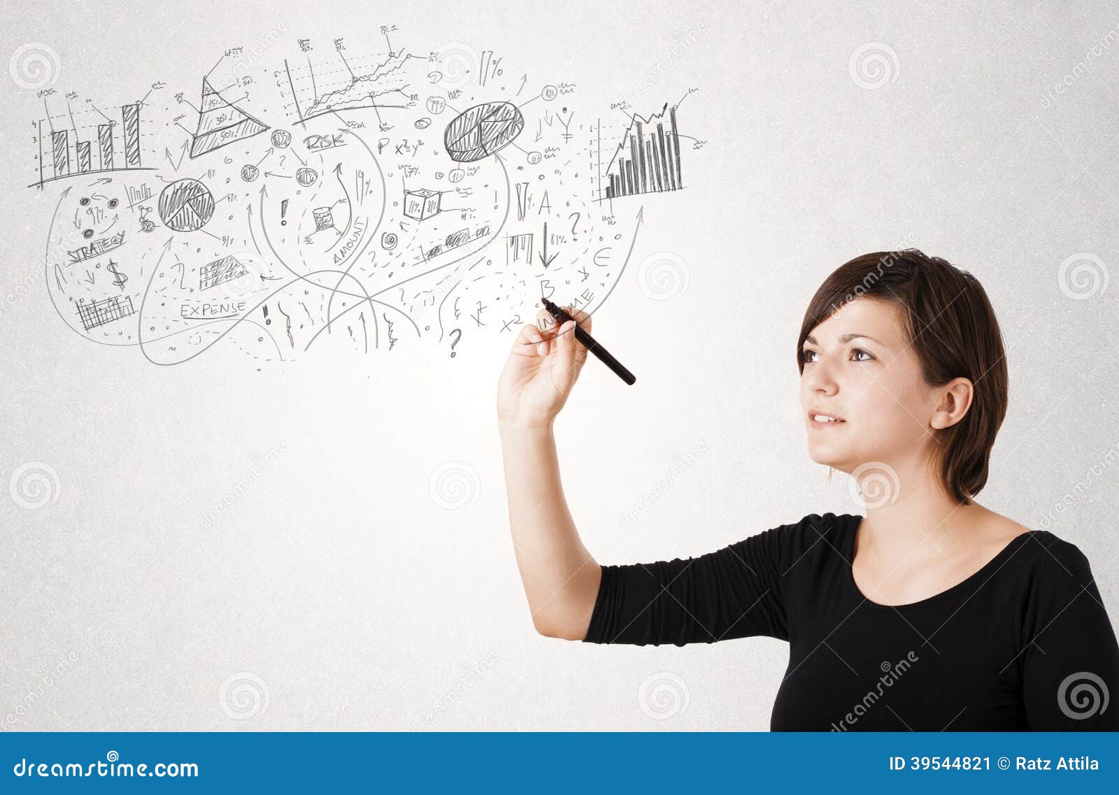 Pretty Girl Sketching Graphs and Diagrams on Wall Stock Illustration ...