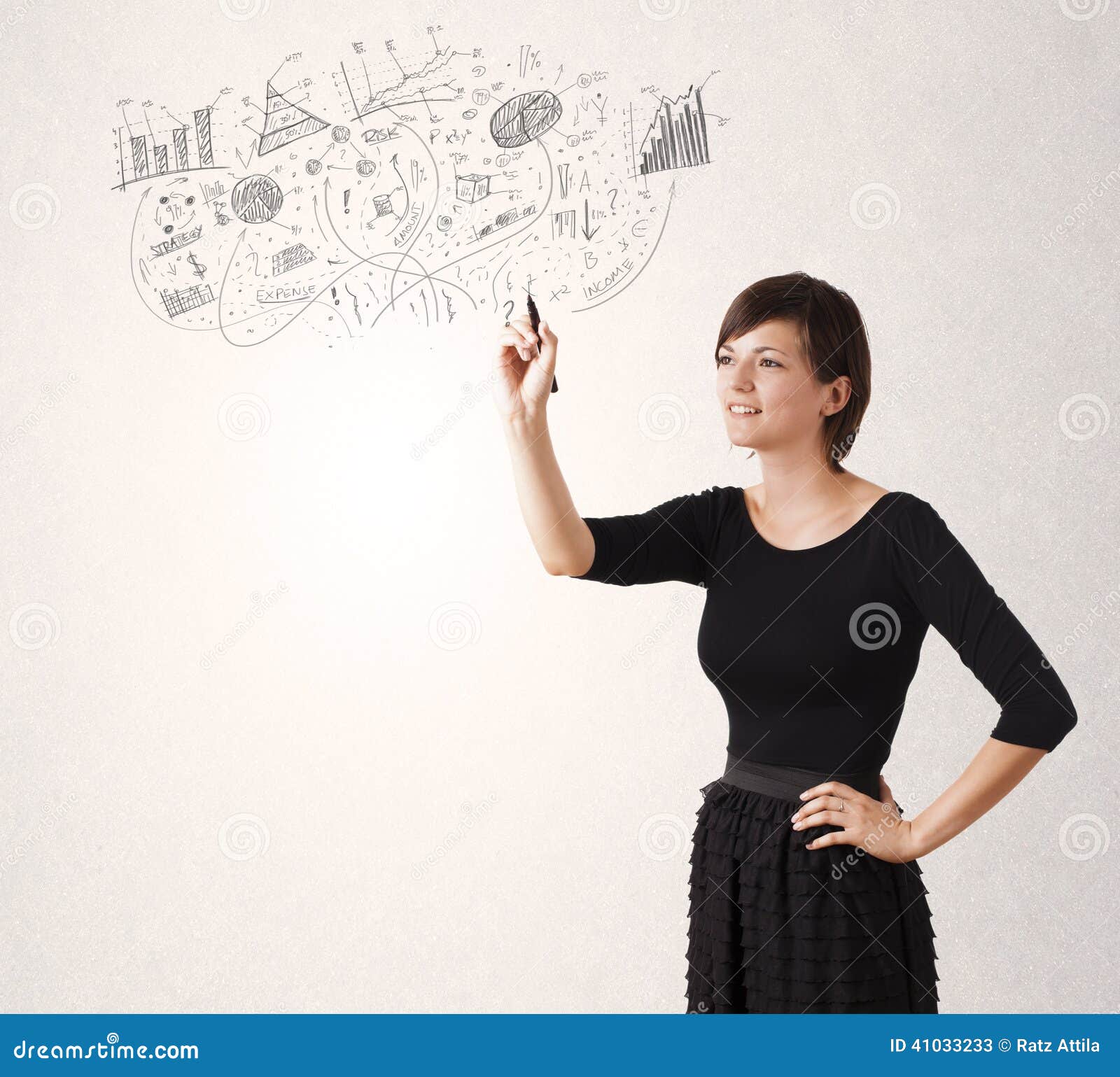 Pretty Girl Sketching Graphs and Diagrams on Wall Stock Image - Image ...
