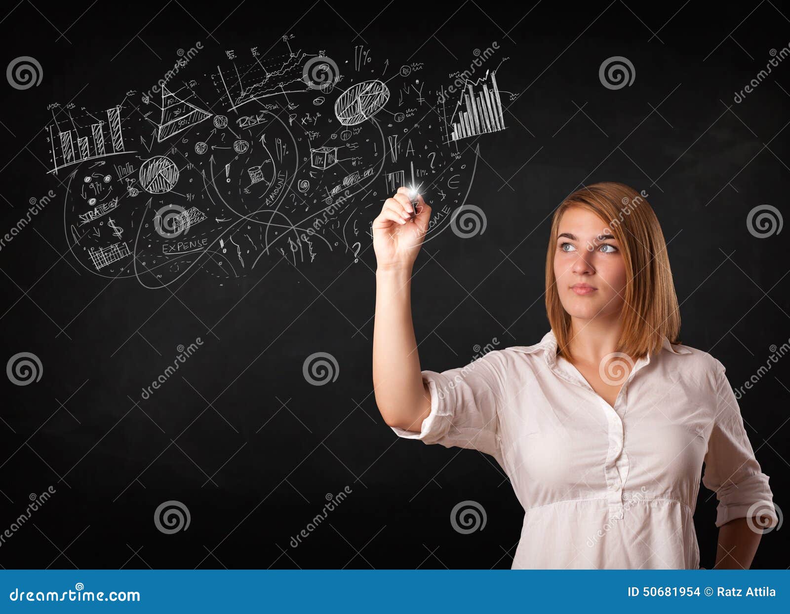 Pretty Girl Sketching Graphs and Diagrams on Wall Stock Photo - Image ...