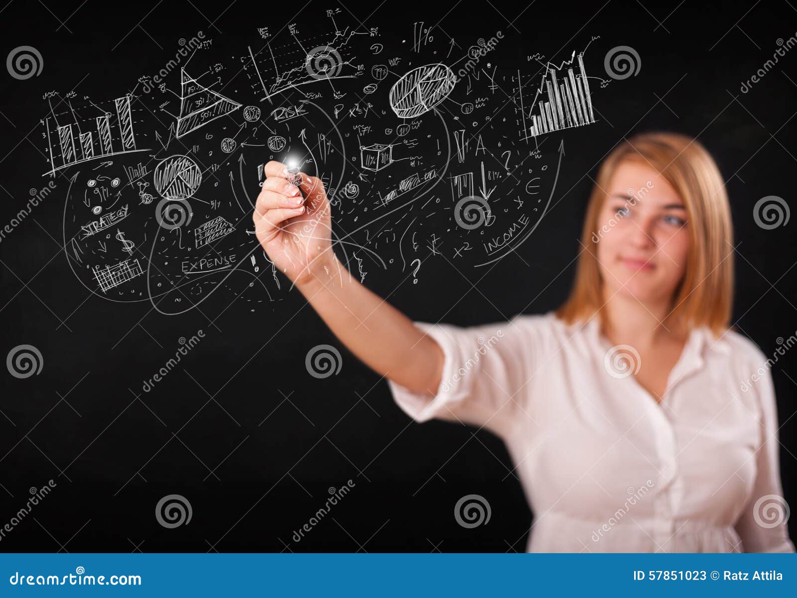 Pretty Girl Sketching Graphs and Diagrams on Wall Stock Image - Image ...