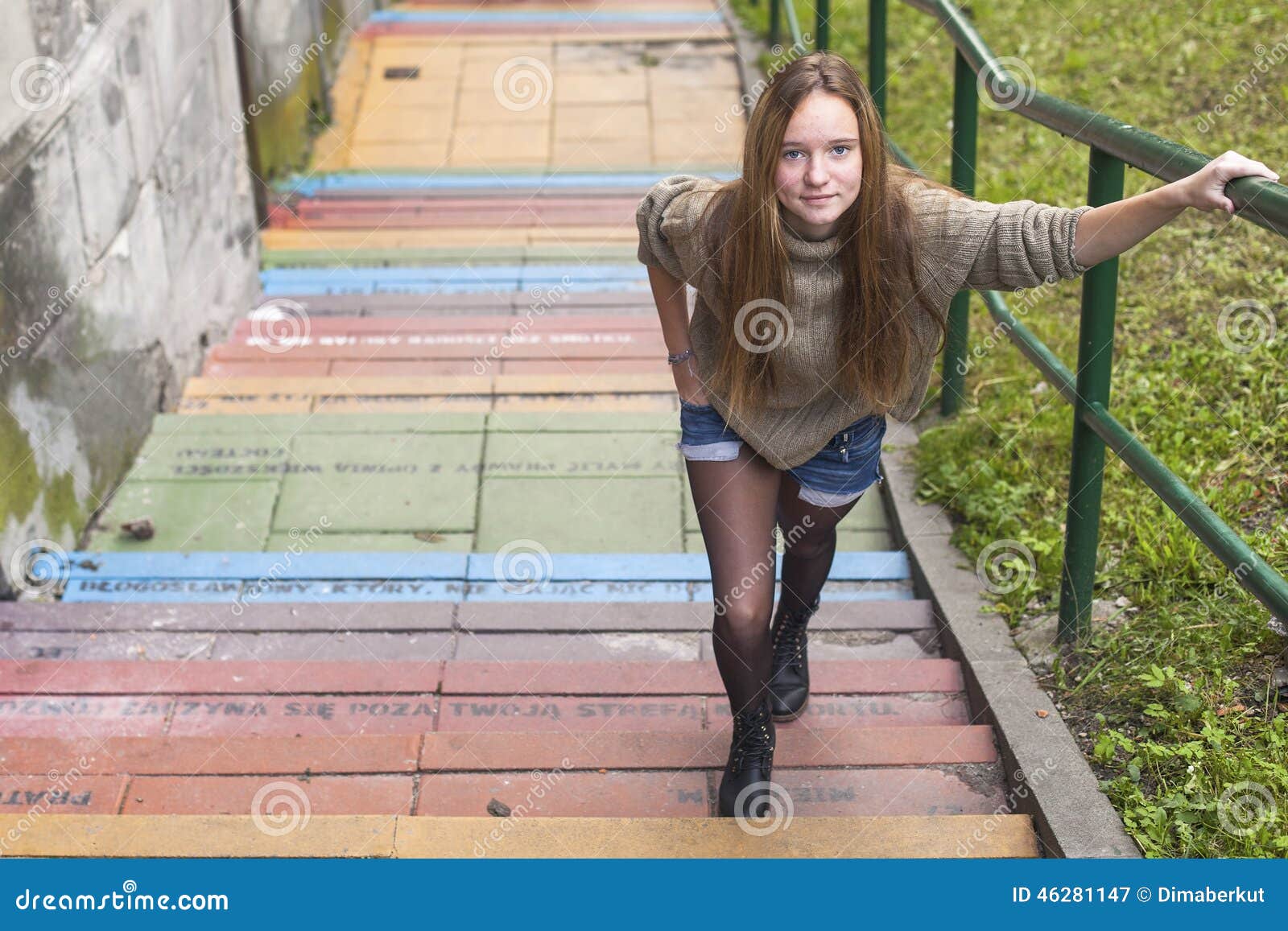 Pretty Girl on the Stone Steps in the City. Stock Image - Image of ...