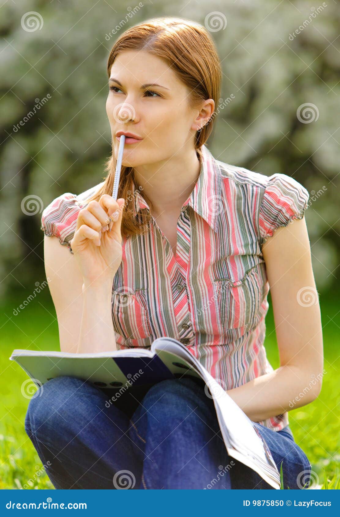 Pretty Girl Studying Outdoors Stock Photo - Image of blue, portrait ...