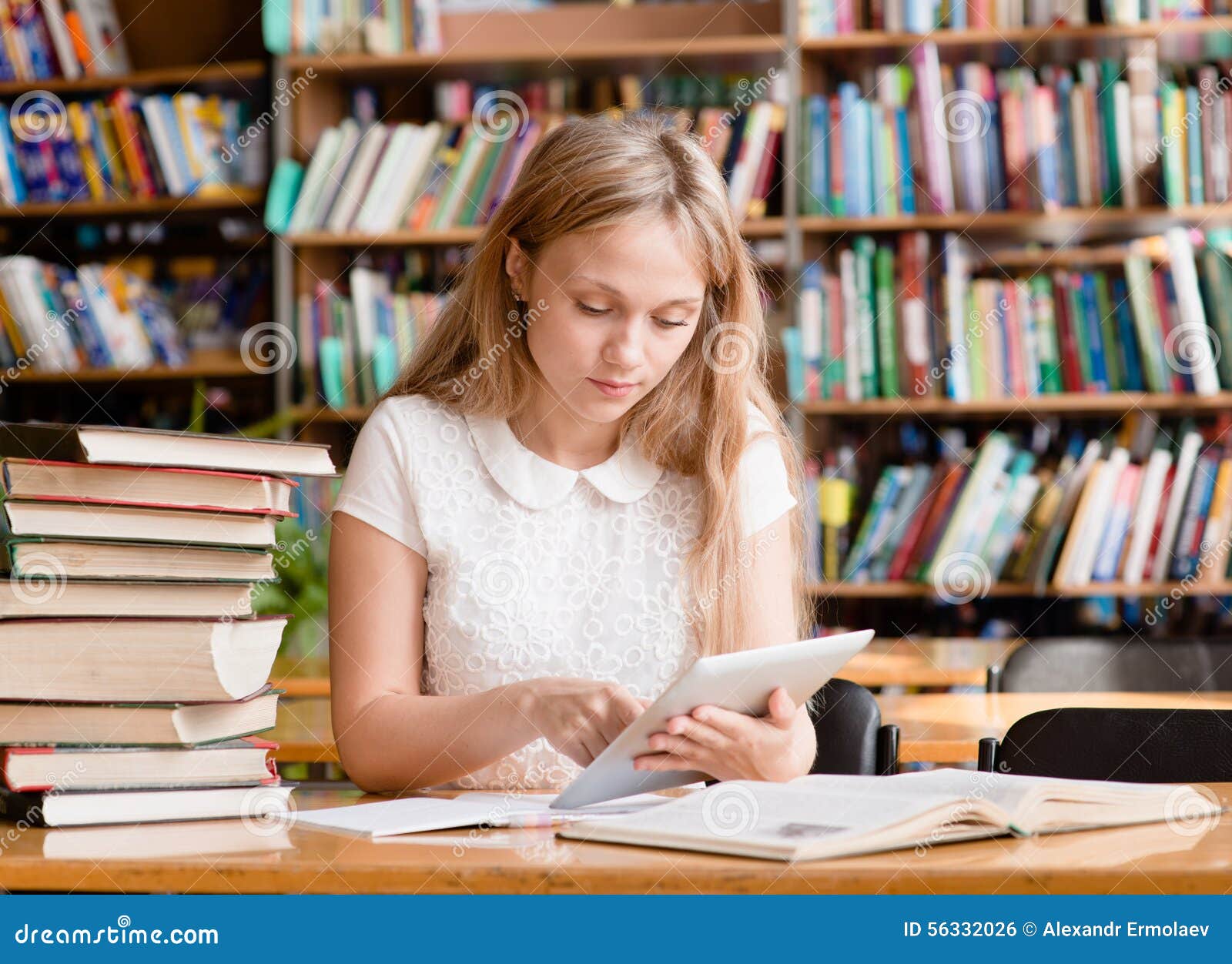 Pretty Girl with Tablet Computer Working in Library Stock Photo - Image ...
