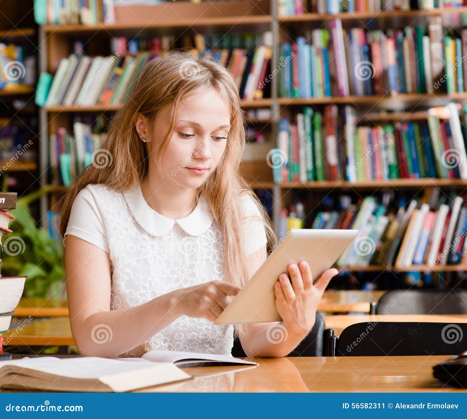 Pretty Girl with Tablet Computer Working in Library Stock Image - Image ...