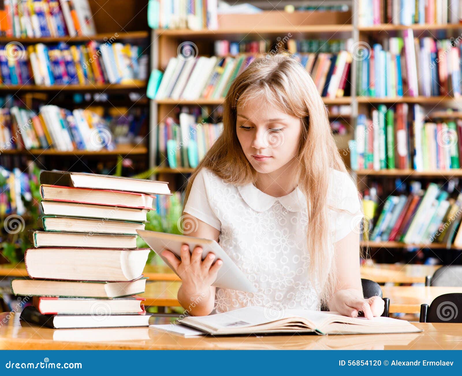 Pretty Girl with Tablet Computer Working in Library Stock Photo - Image ...