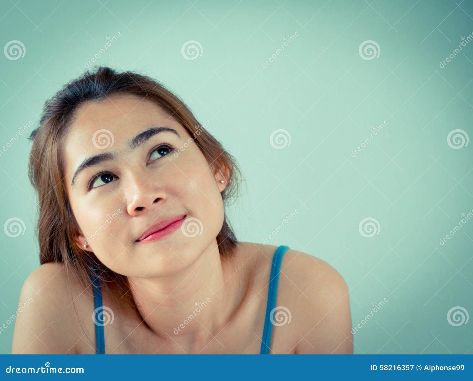 Pretty Girl Thinking and Looking Up Stock Image - Image of business ...