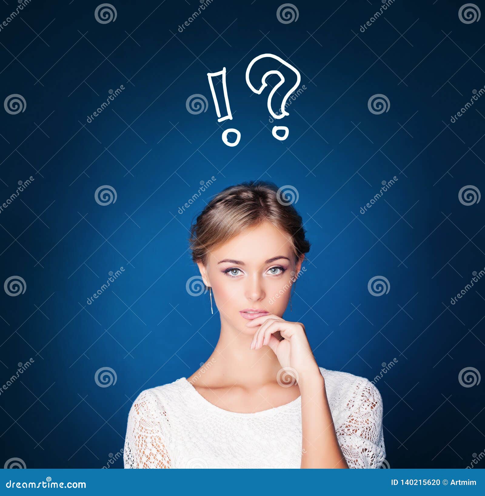 Pretty Girl Thinking with Question Mark on Blue Background. Choice ...
