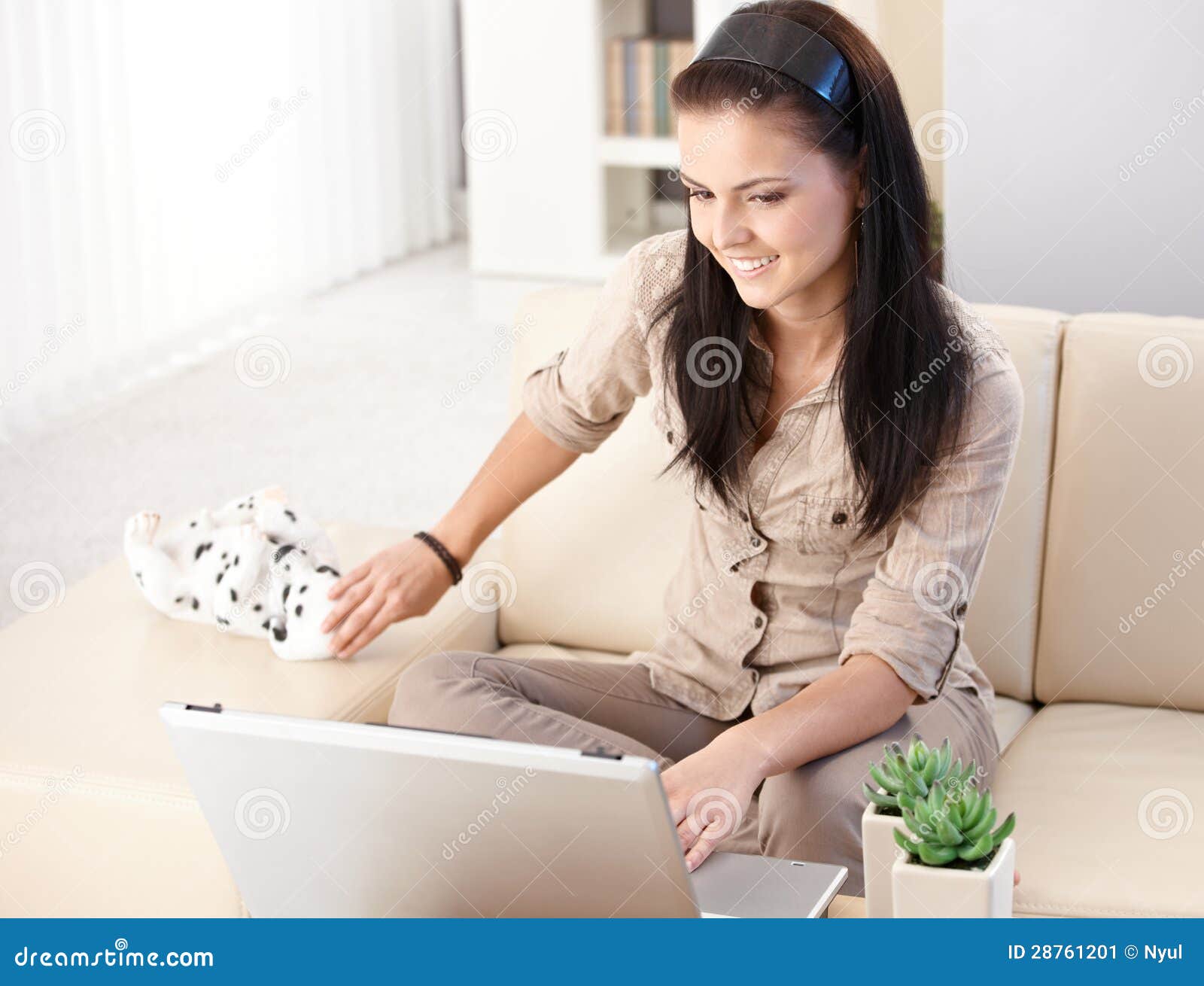 Pretty Girl Using Laptop at Home Smiling Stock Image - Image of caress ...