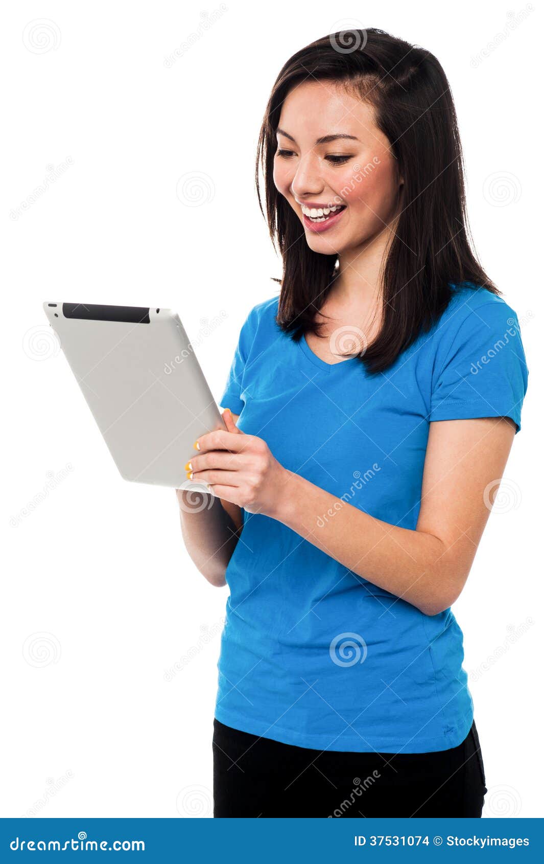 Pretty Girl Using Tablet Pc Device Stock Photo - Image of model, design ...