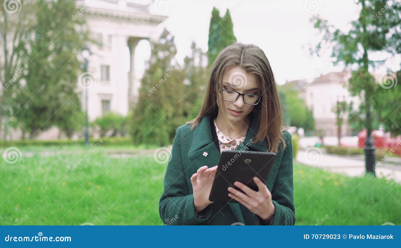 Pretty Girl Using a Tablet on Street Background 4k Stock Video - Video ...