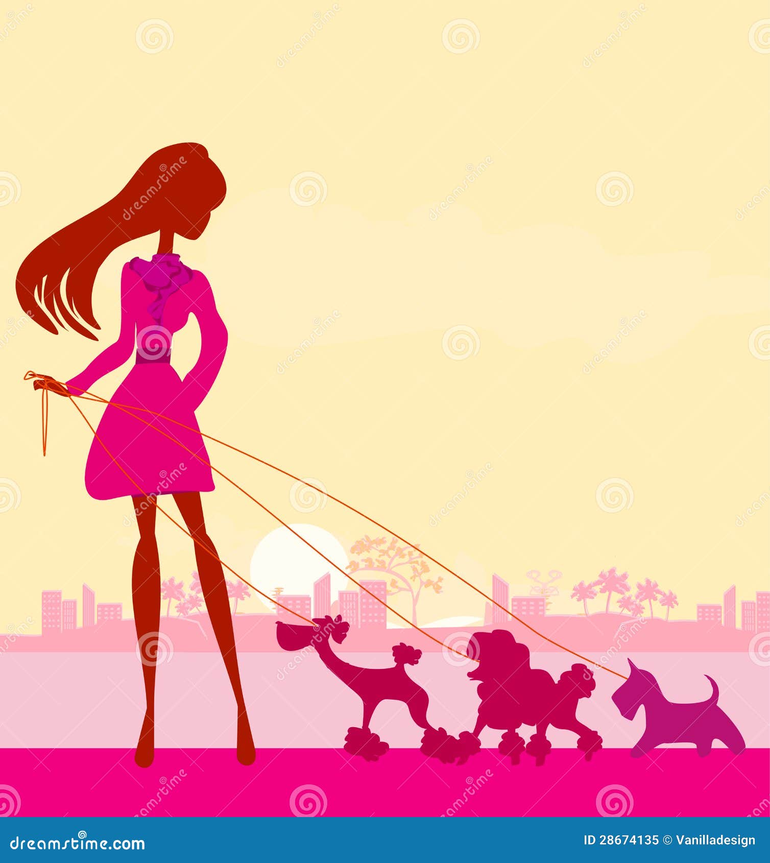 Pretty Girl Walking the Dogs Stock Illustration - Illustration of ...
