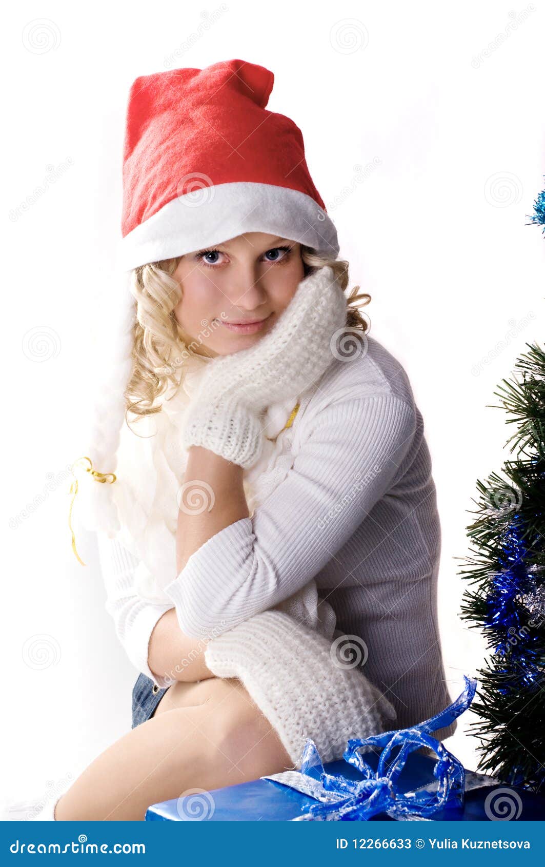 Pretty Girl Wearing Santa Hat Stock Image - Image of green, present ...