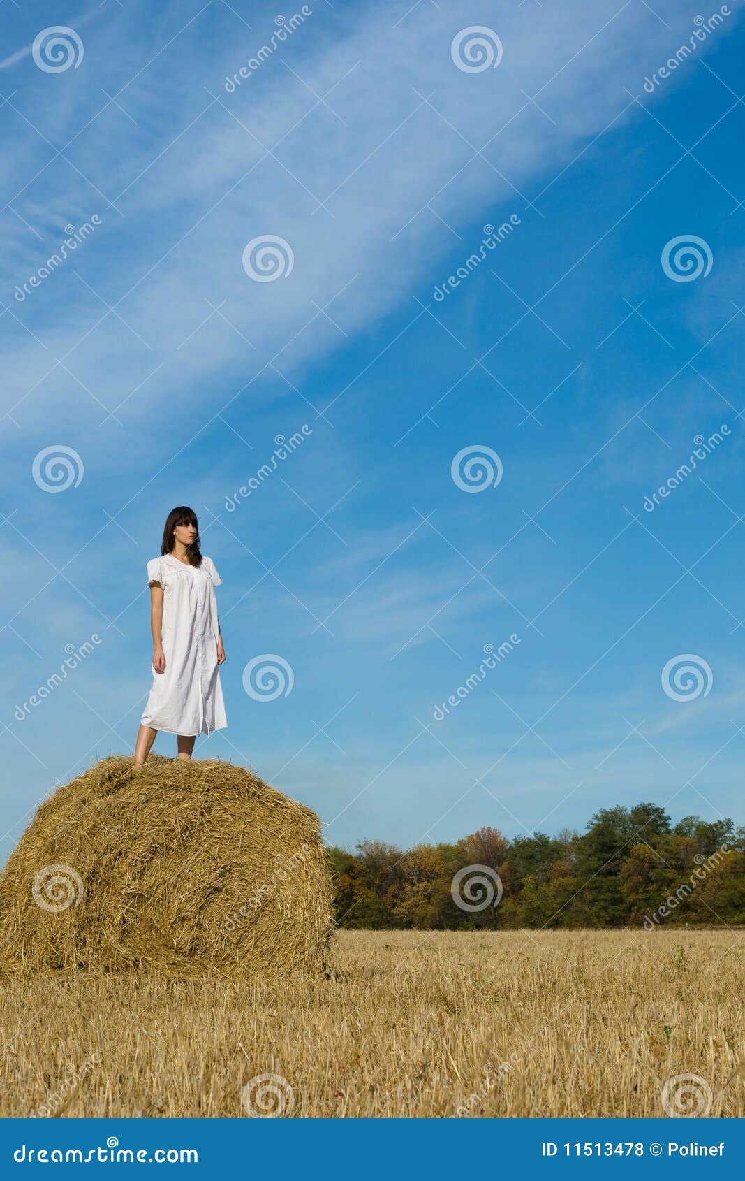 Pretty Girl in White Dress on Haystack in Field Stock Photo - Image of ...