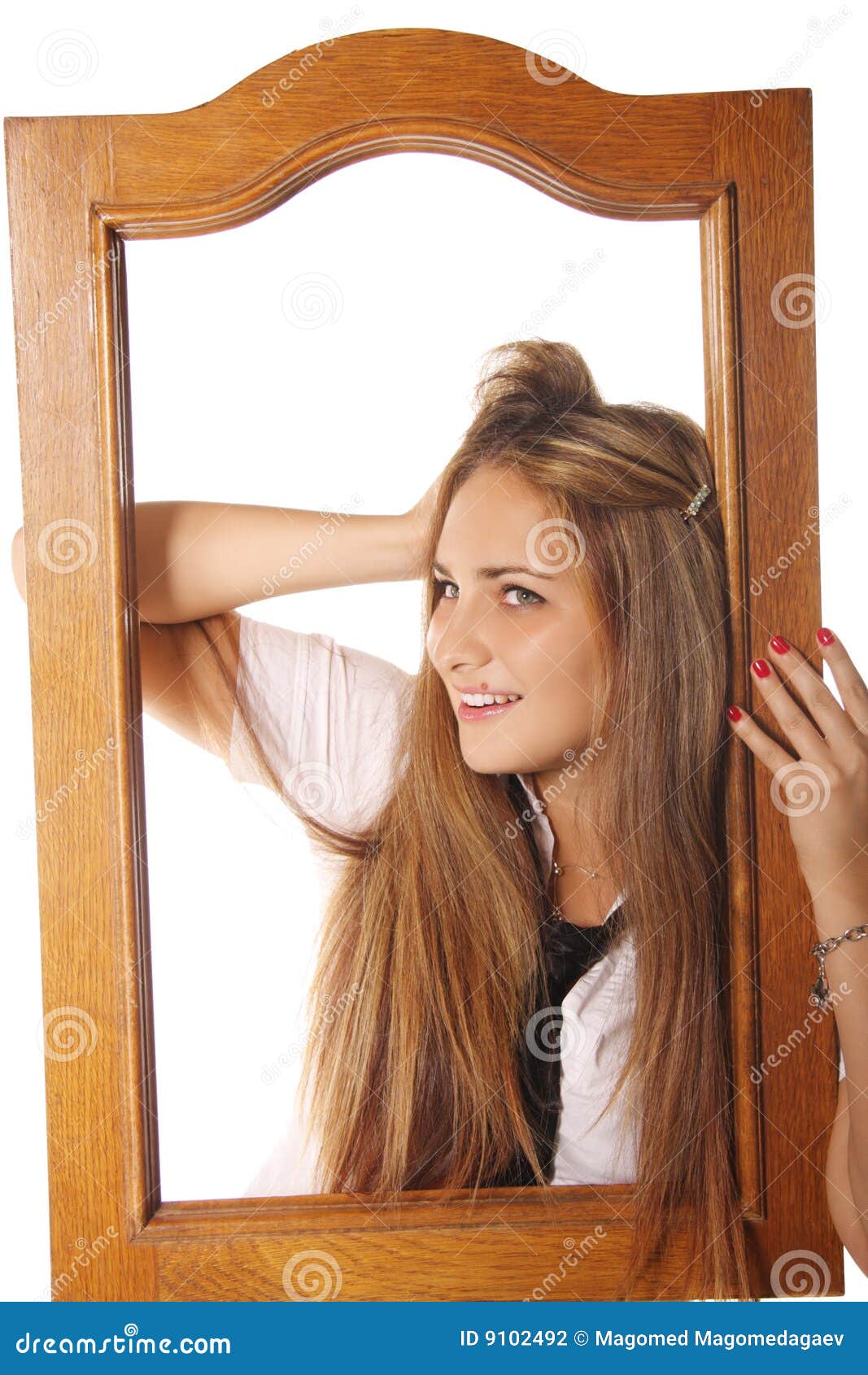 Pretty Girl in Wooden Frame Stock Photo - Image of caucasian, female ...