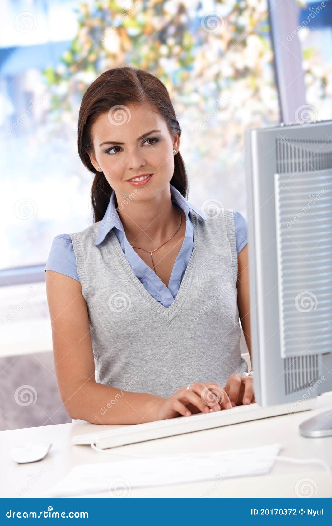 Pretty Girl Working with Computer Smiling Stock Photo - Image of ...