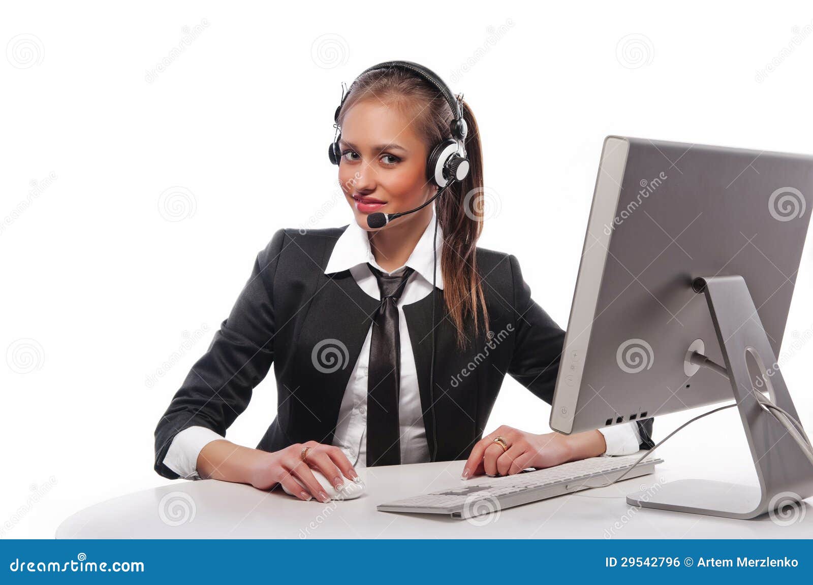 Pretty Girl Works on a Computer Stock Photo - Image of headphones ...