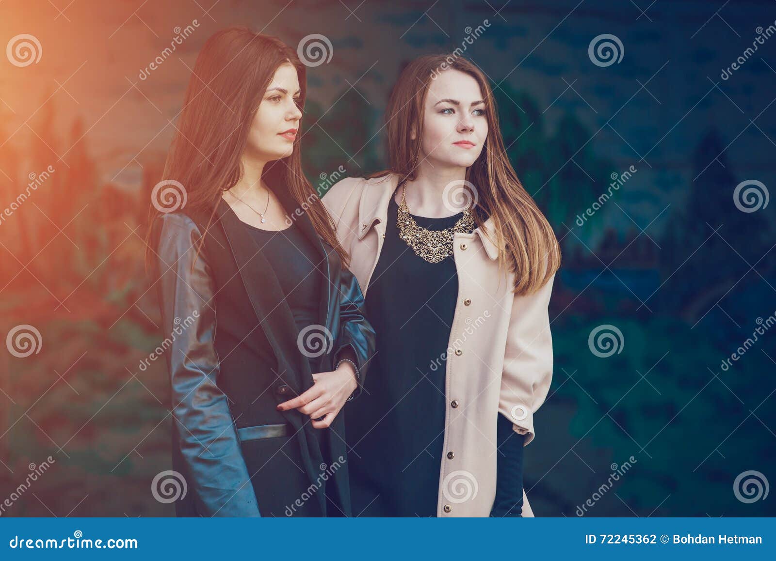 Pretty girls on a walk stock photo. Image of female, blue - 72245362
