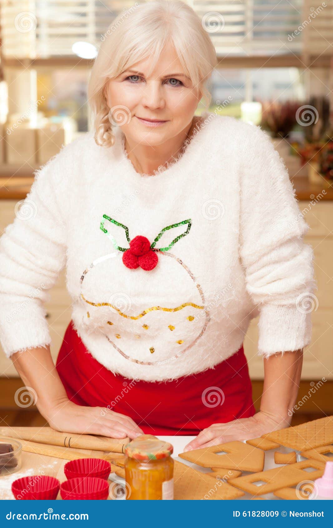 Pretty Grandmother in Kitchen, Christmas Time. Stock Image - Image of ...