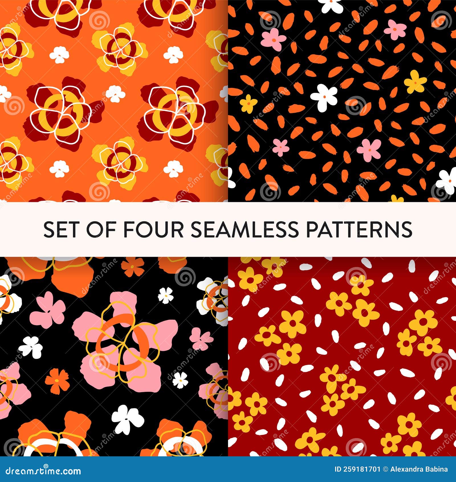 Pretty Hand Draw Flower, Spot Repeat Pattern Set. Stock Vector ...