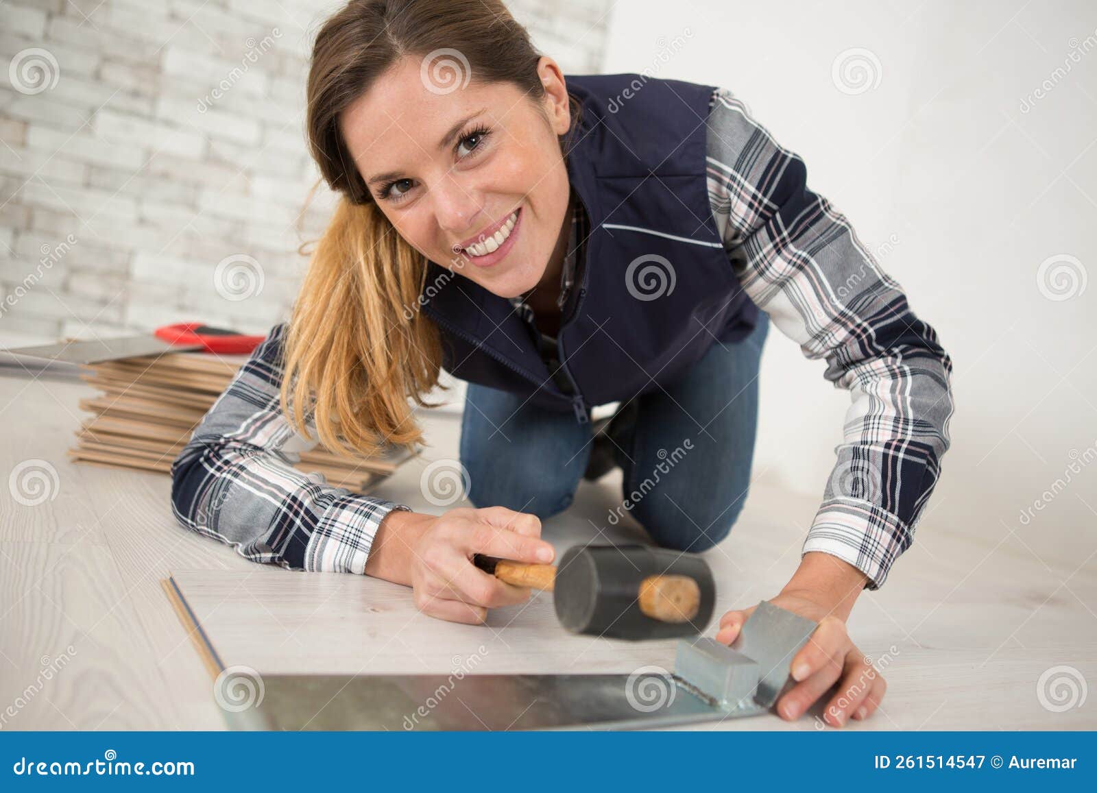Pretty Happy Female Installing Laminated Floor with Hammer Stock Image ...