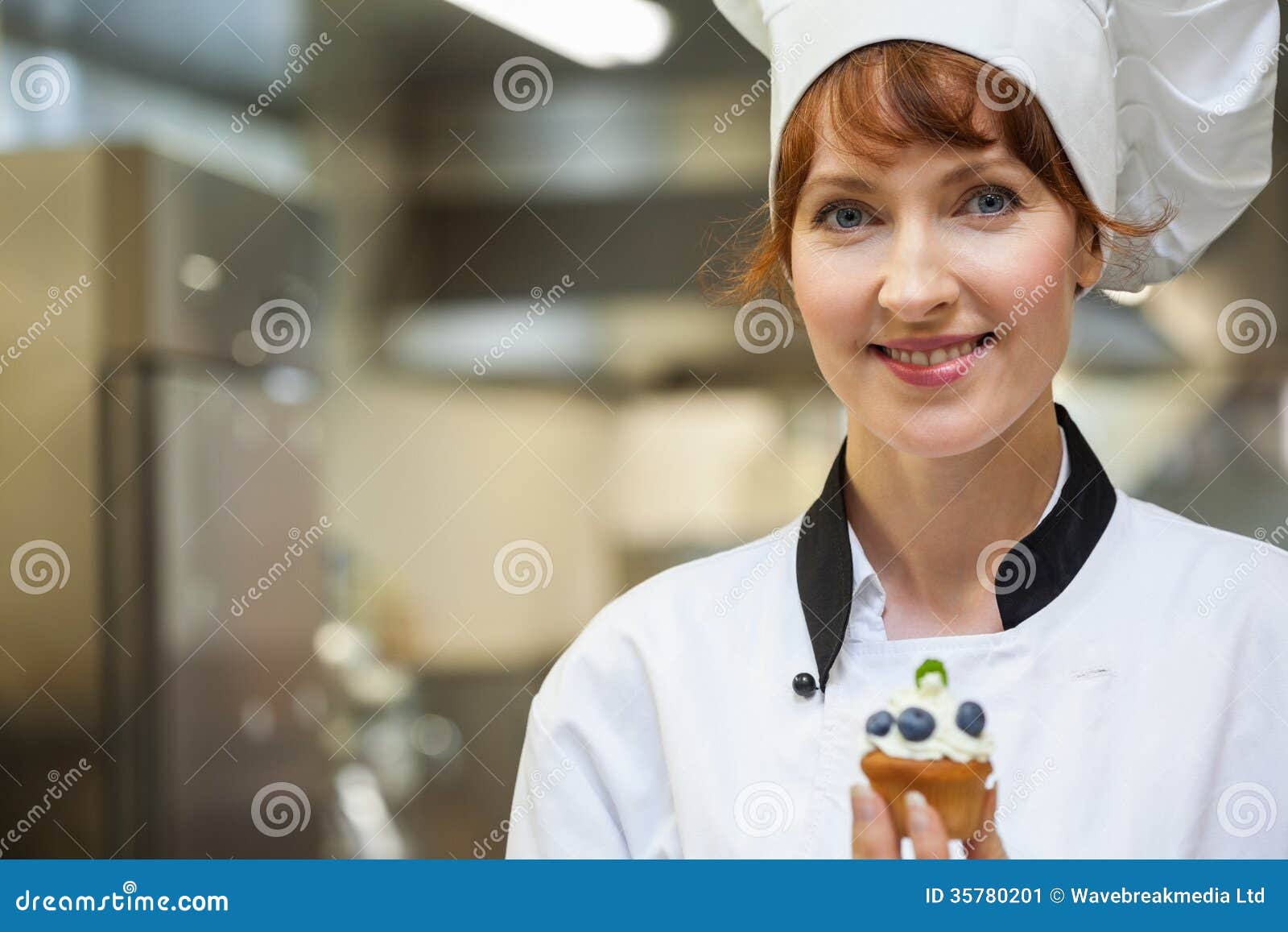 Pretty Happy Head Chef Holding Blueberry Dessert Stock Image - Image of ...