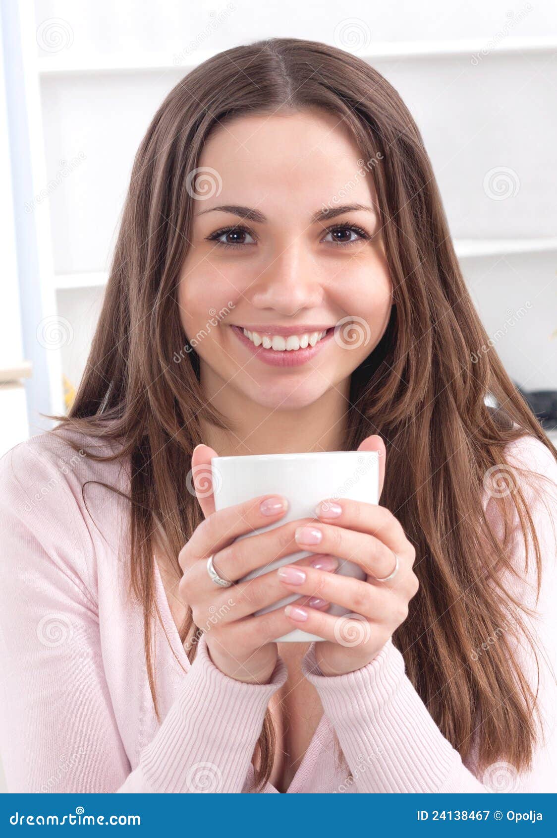 Pretty Happy Relaxed Young Lady Stock Image - Image of couch, beverage ...