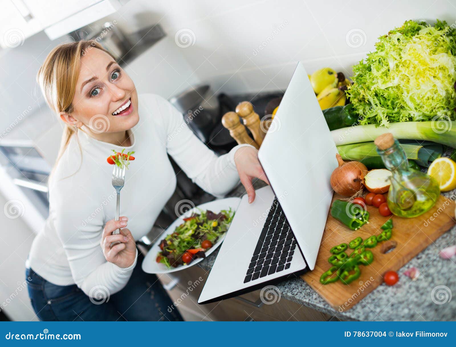 Pretty Happy Smiling Freelancer Having Lunch and Working Stock Photo ...