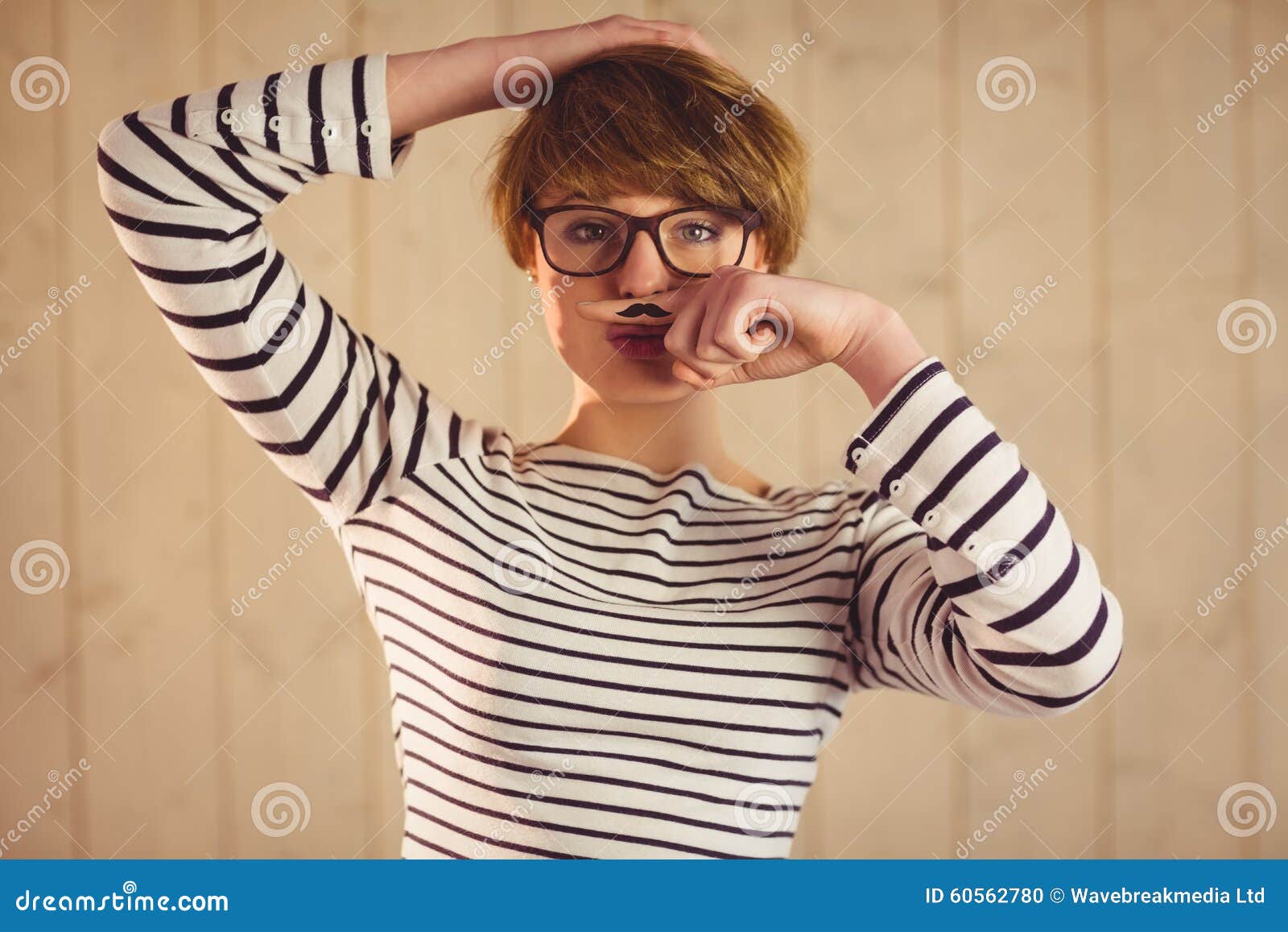 Pretty Hipster with Mustache on Finger Stock Photo - Image of female ...