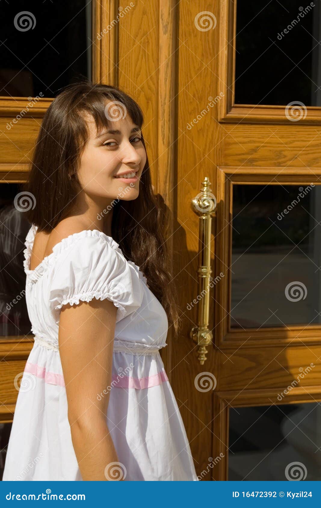 Pretty lady at the door stock photo. Image of summer - 16472392