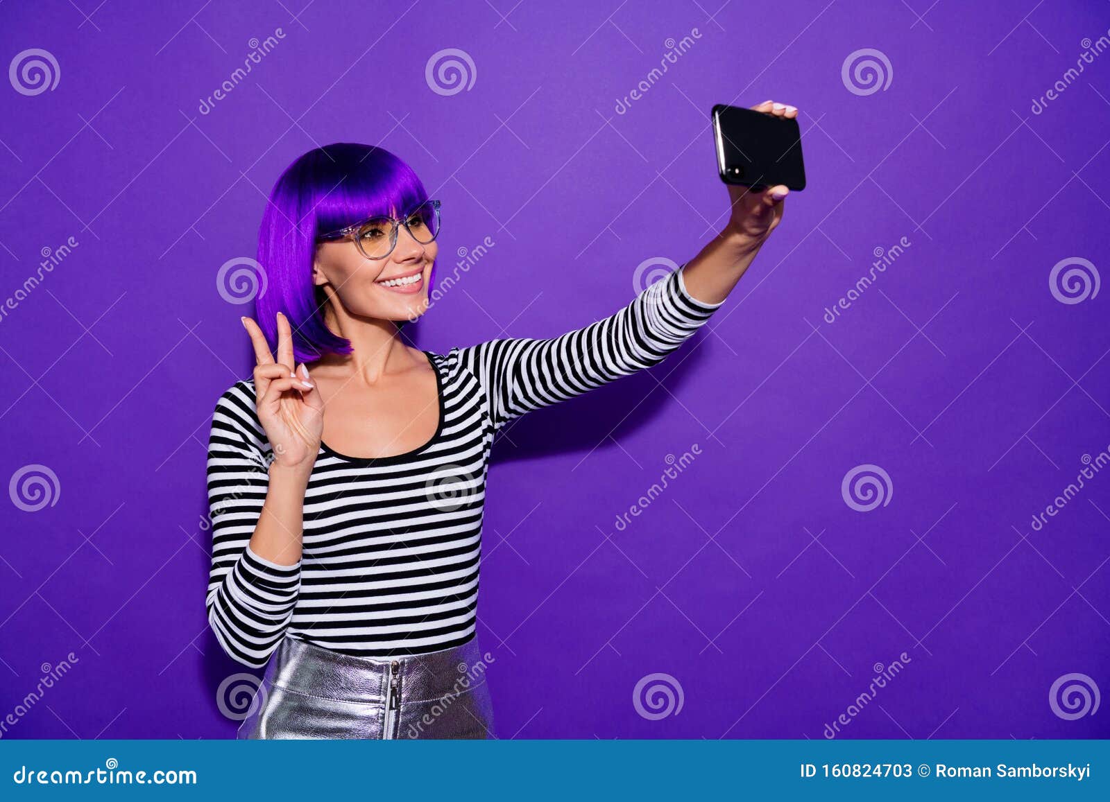 Pretty Lady Hold Hands Telephone Taking Selfies Showing V Sign Symbol