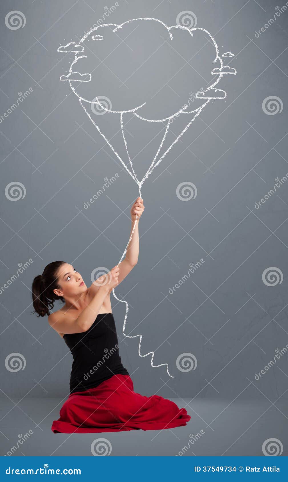 Pretty Lady Holding a Cloud Balloon Drawing Stock Photo - Image of face ...