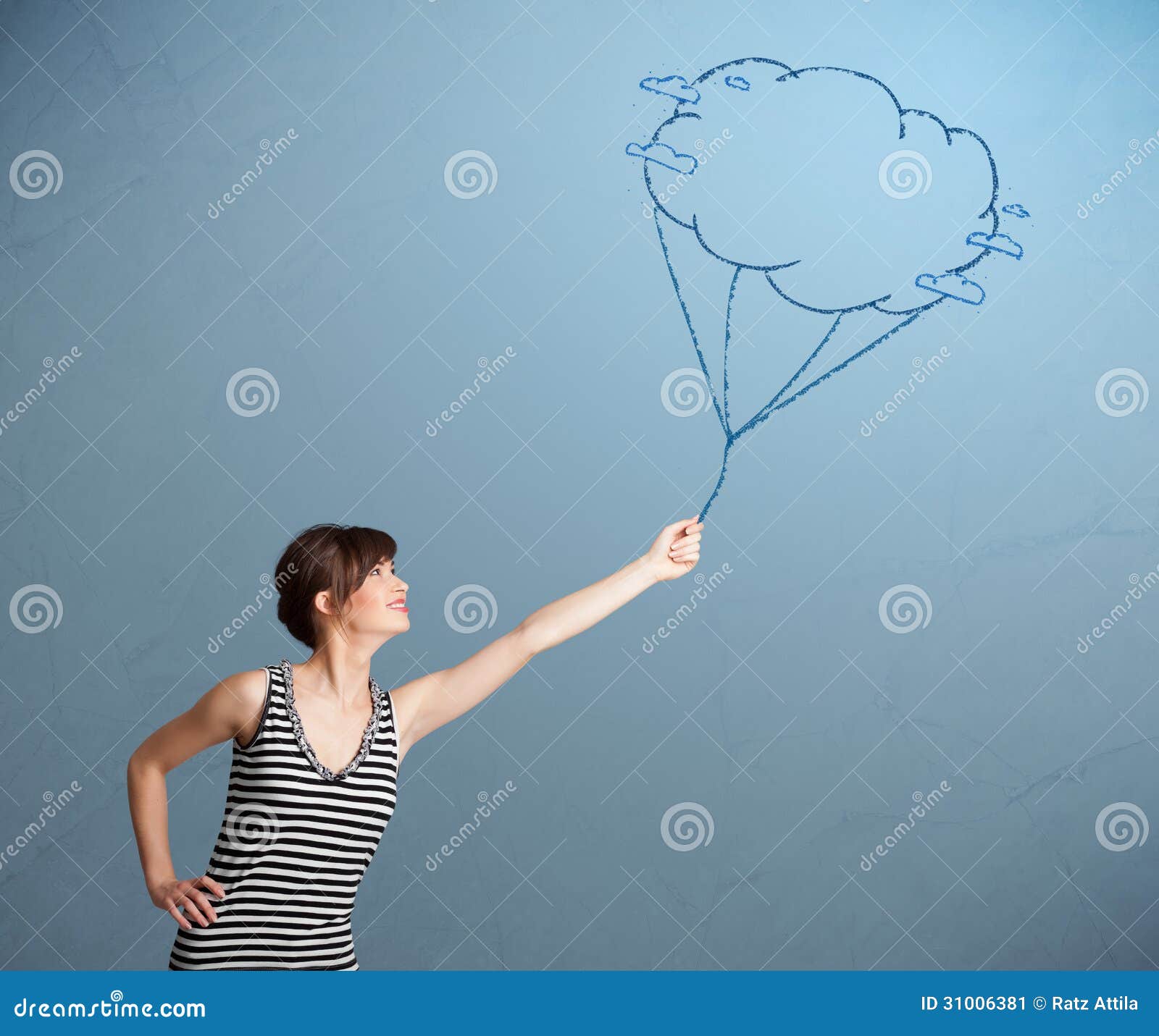Pretty Lady Holding a Cloud Balloon Drawing Stock Image - Image of ...