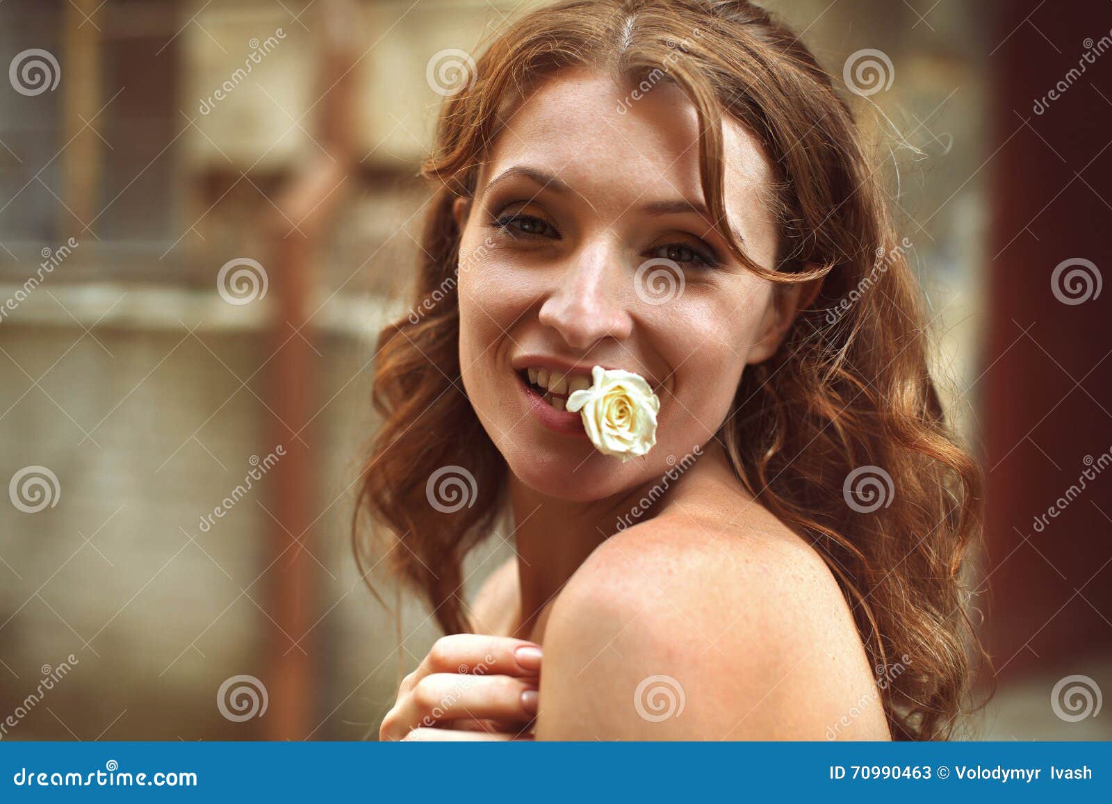 Pretty Lady Holds a White Rose in Her Mouth Stock Image - Image of ...
