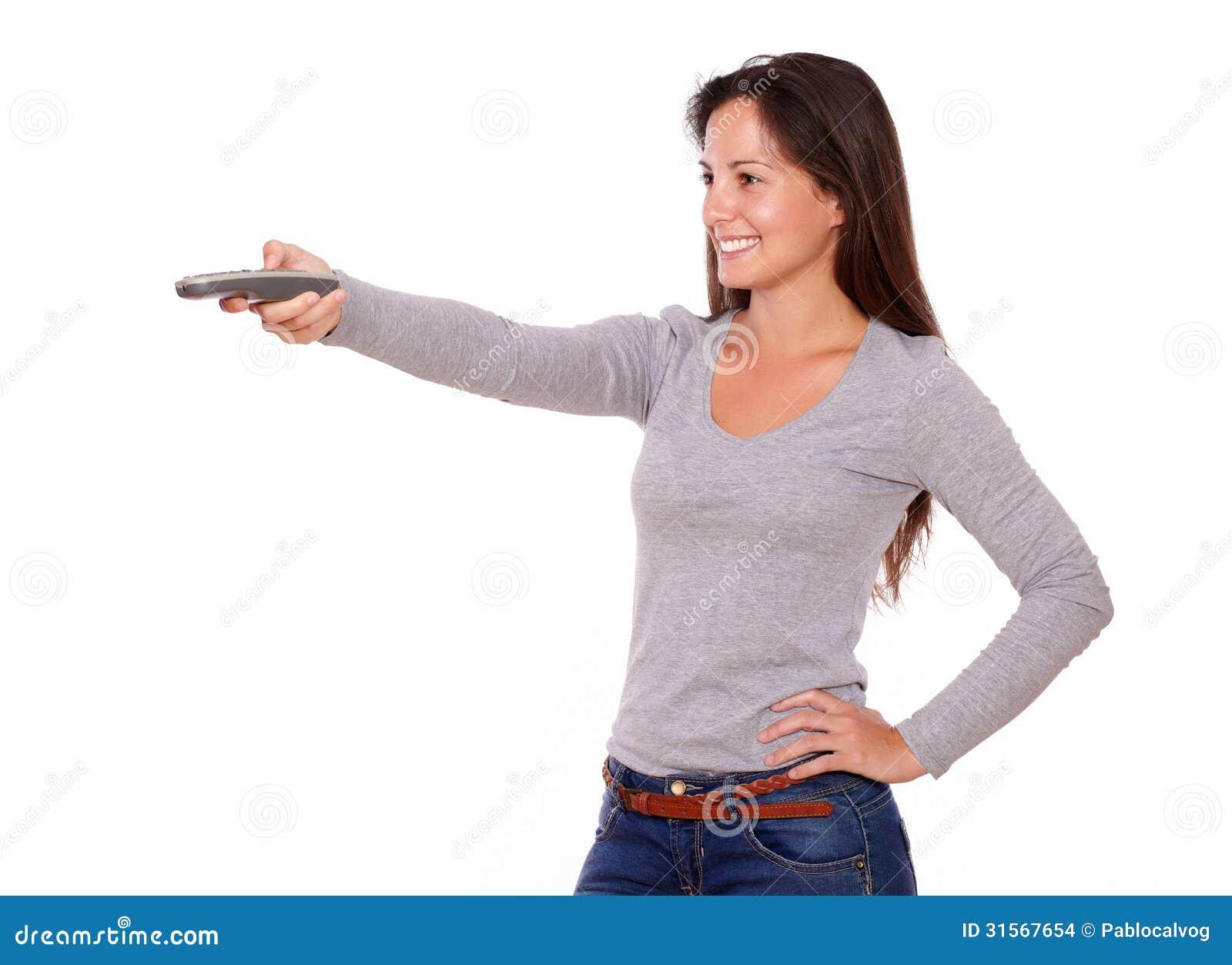 Pretty Lady Pointing Remote Control - Copyspace Stock Photo - Image of ...