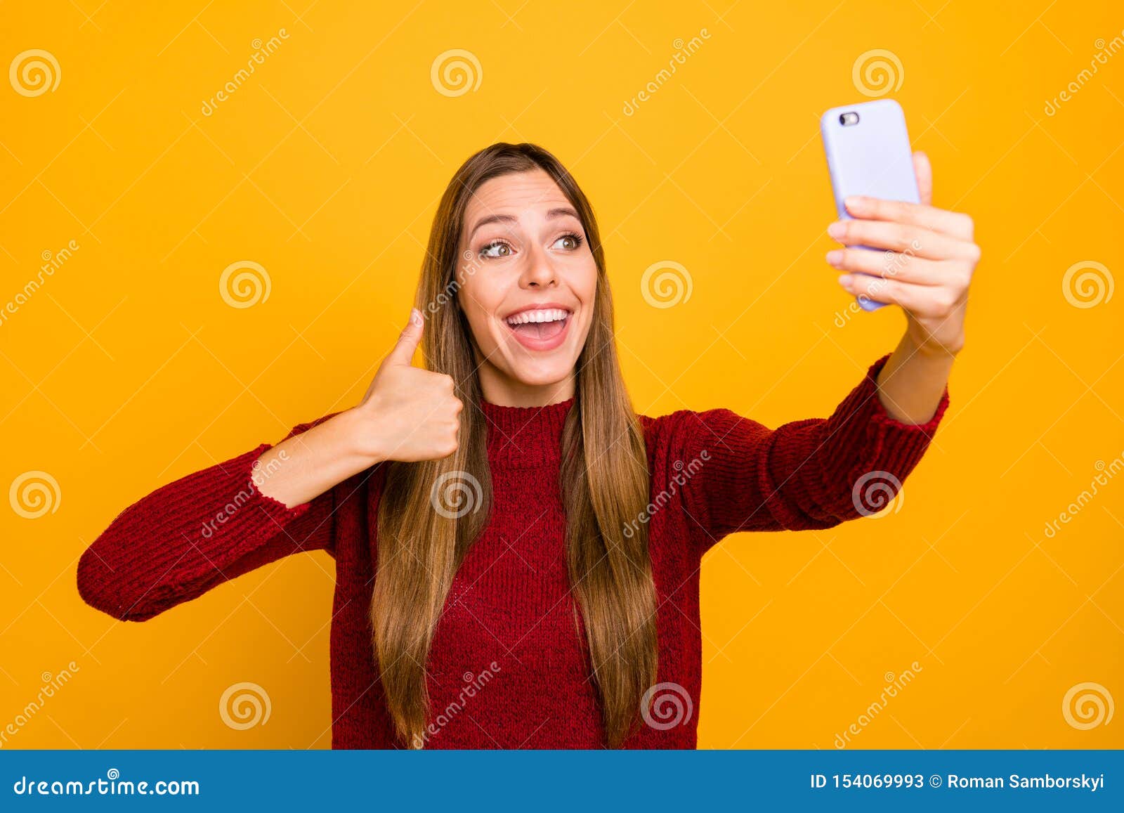 Pretty Lady With Telephone Hands Making Selfies Thumb Raised Up Wear
