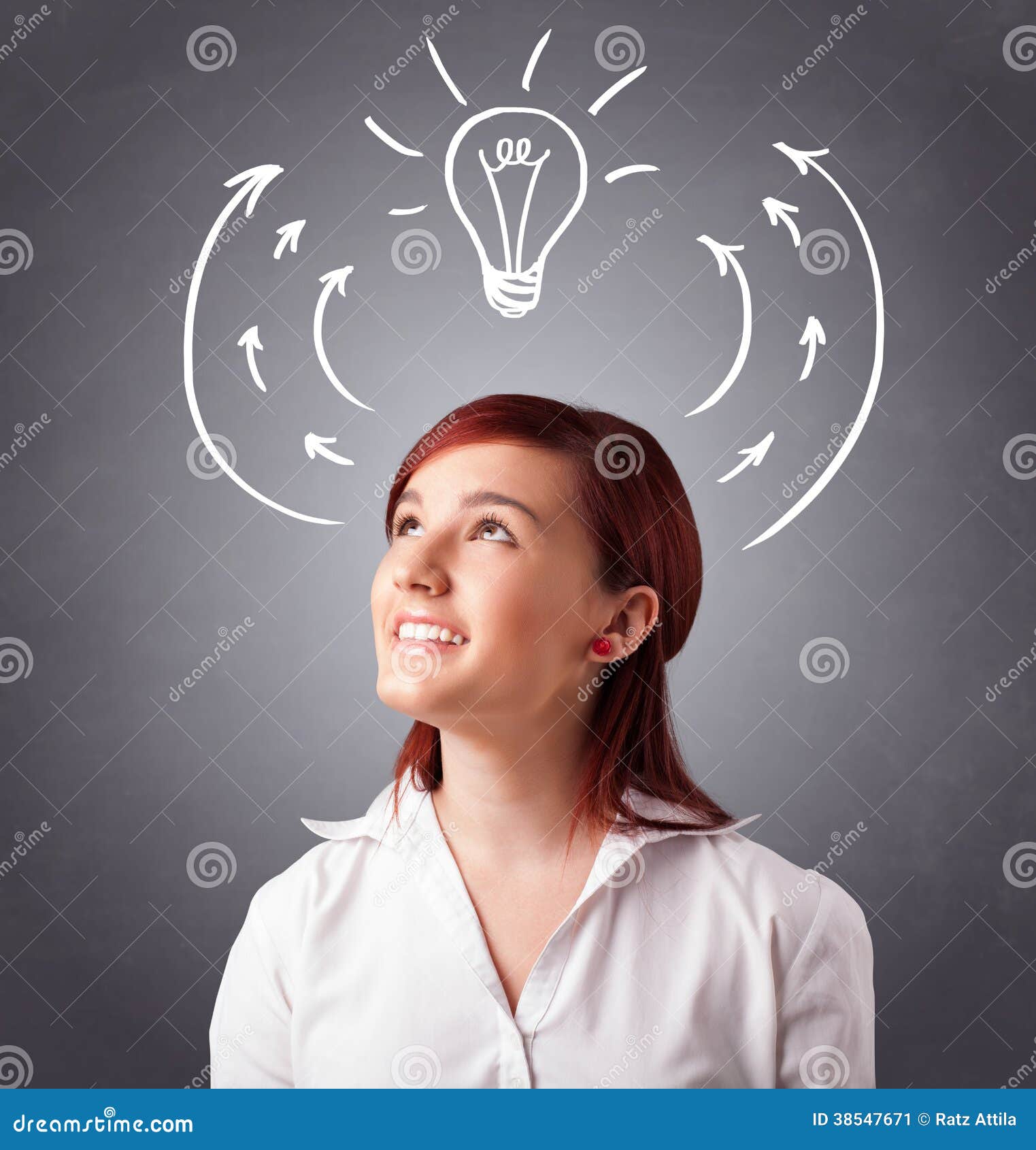 Pretty Lady Thinking with Arrows and Light Bulb Overhead Stock Image ...
