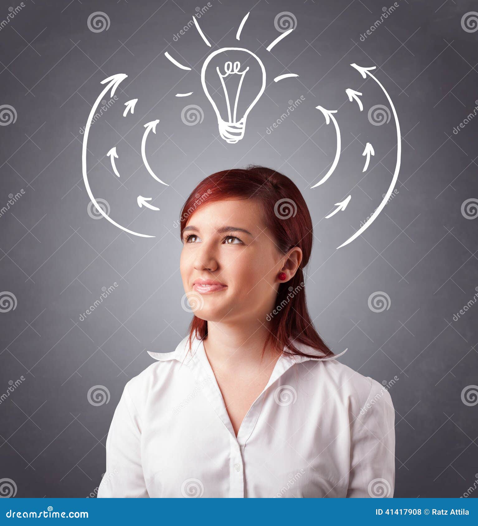 Pretty Lady Thinking with Arrows and Light Bulb Overhead Stock ...