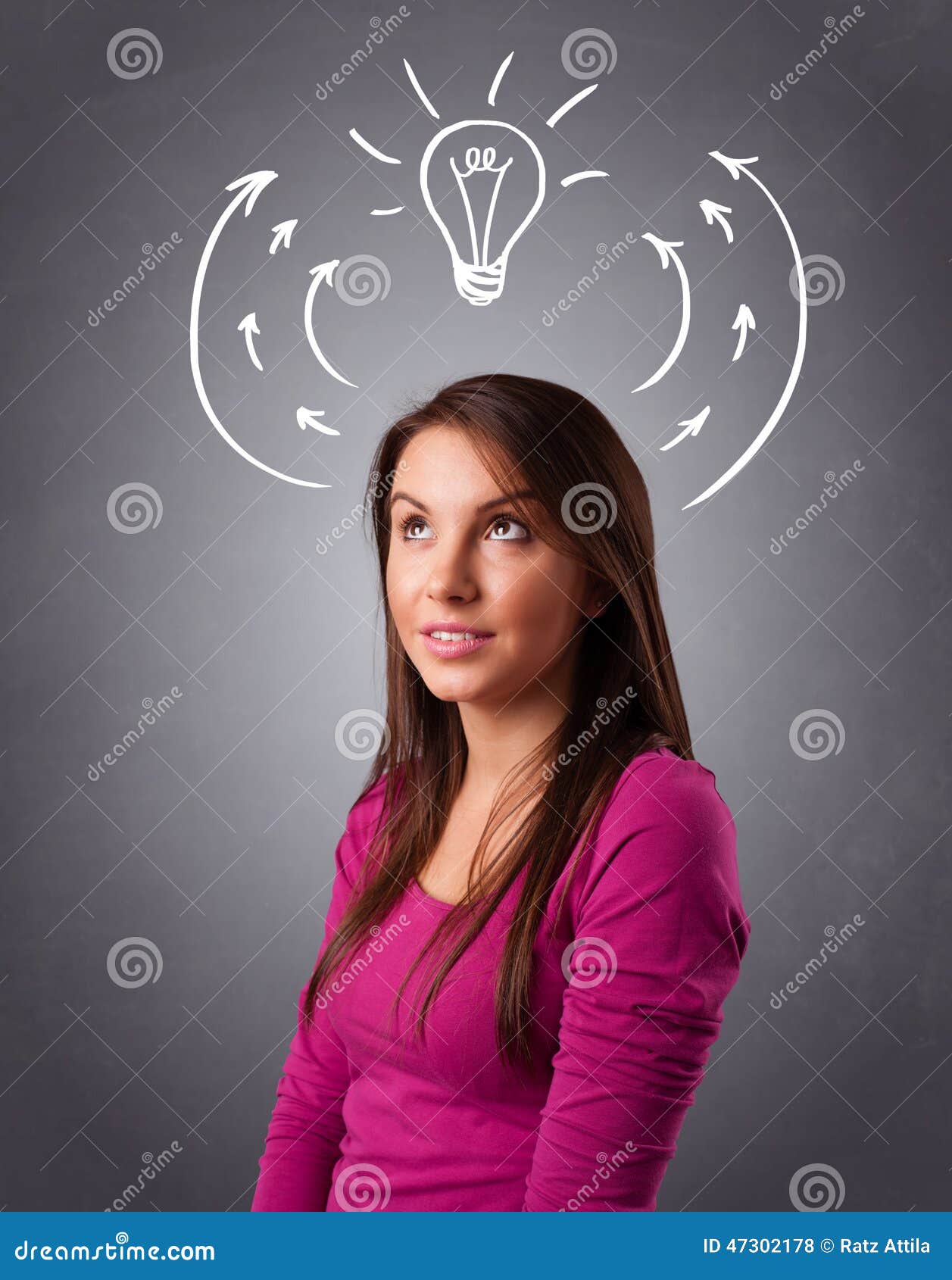 Pretty Lady Thinking with Arrows and Light Bulb Overhead Stock Photo ...