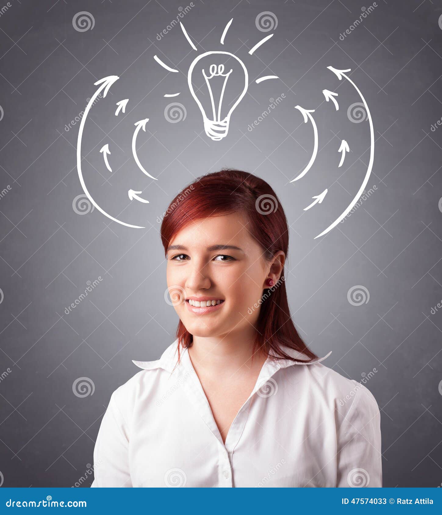 Pretty Lady Thinking with Arrows and Light Bulb Overhead Stock Image ...