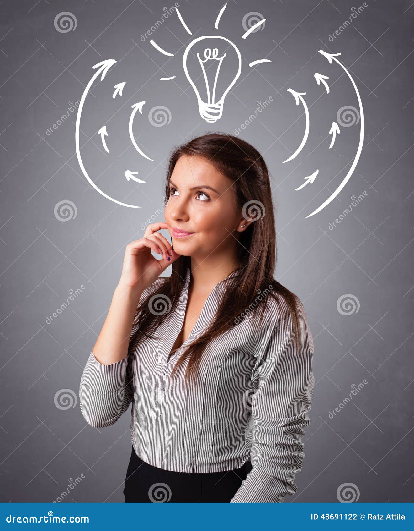 Pretty Lady Thinking with Arrows and Light Bulb Overhead Stock Photo ...