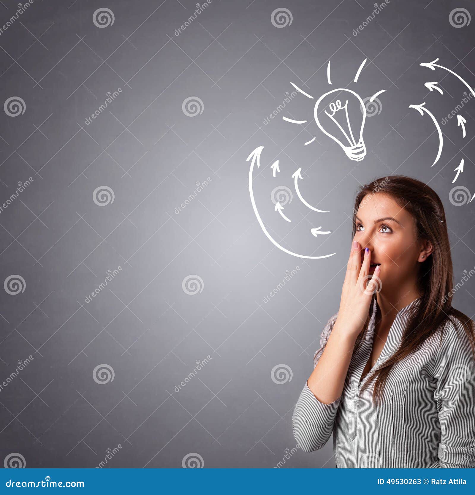 Pretty Lady Thinking with Arrows and Light Bulb Overhead Stock ...