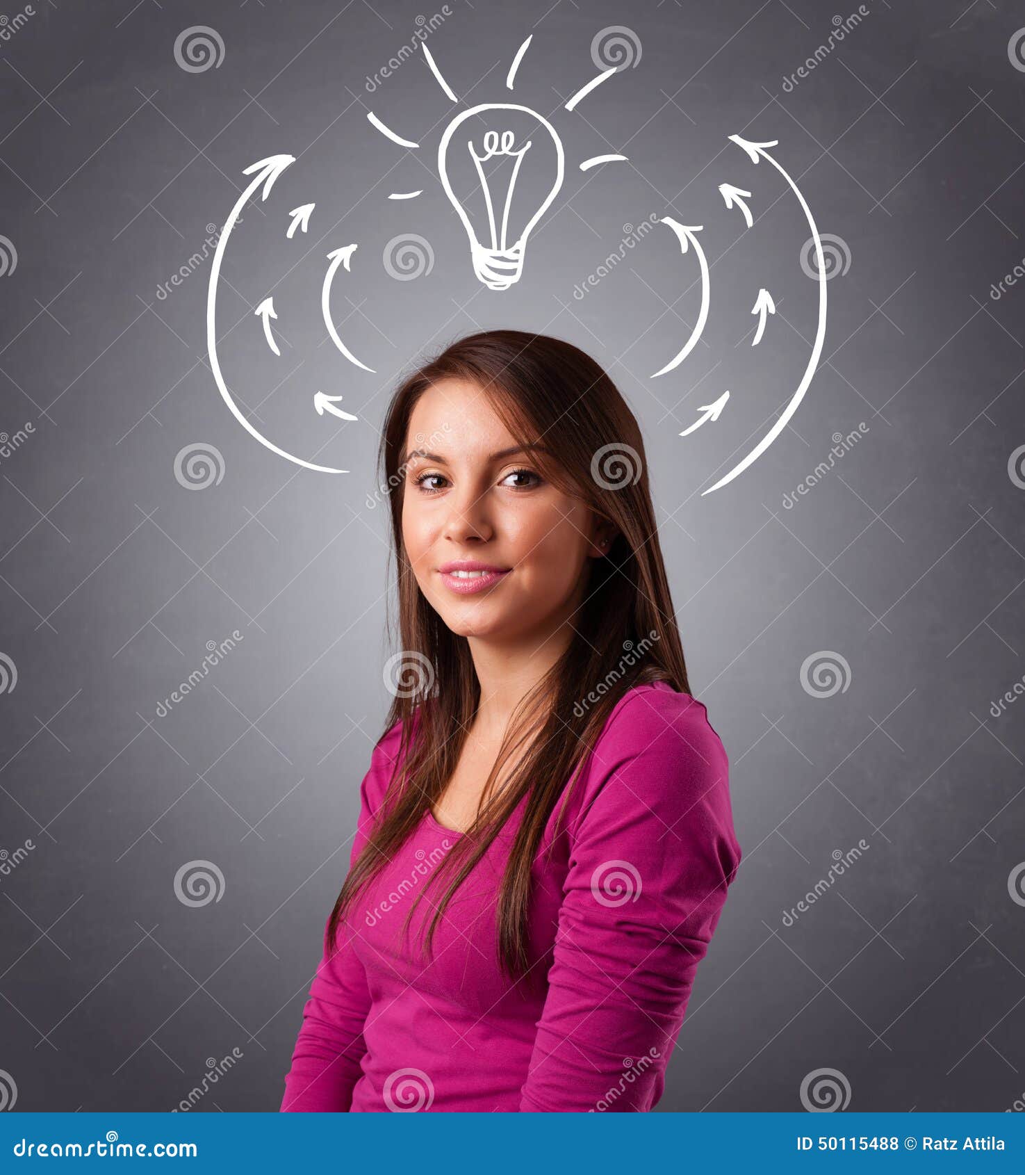 Pretty Lady Thinking with Arrows and Light Bulb Overhead Stock Photo ...