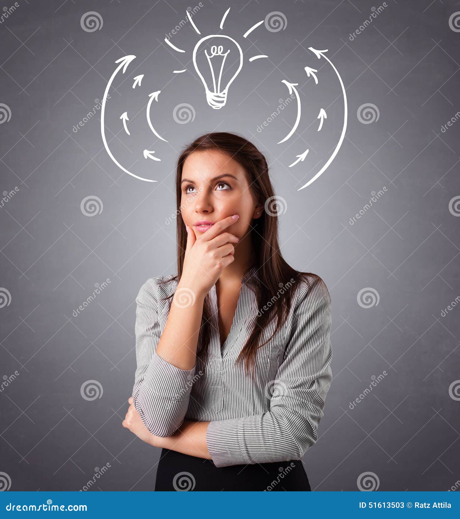 Pretty Lady Thinking with Arrows and Light Bulb Overhead Stock Image ...
