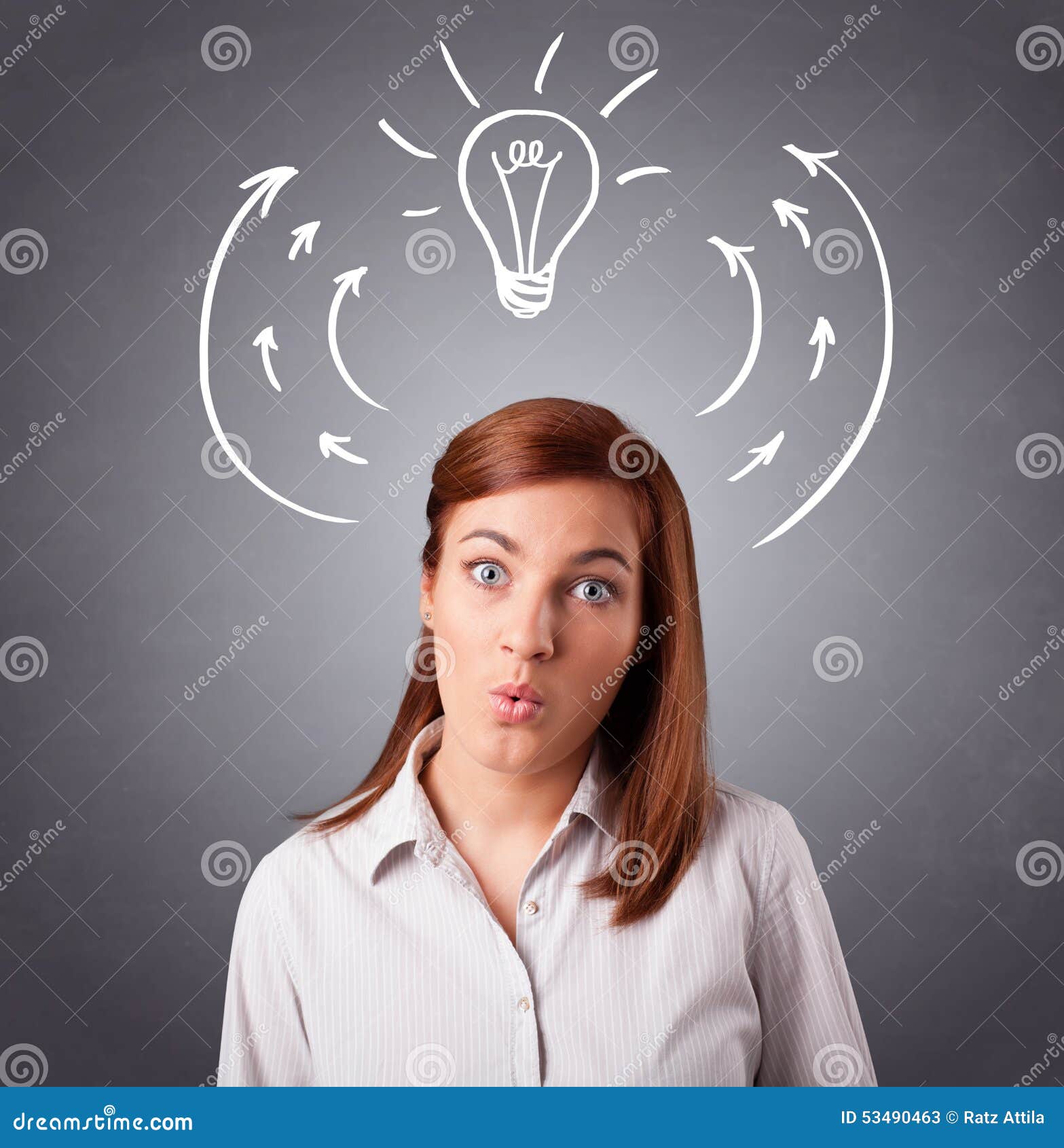 Pretty Lady Thinking with Arrows and Light Bulb Overhead Stock Image ...