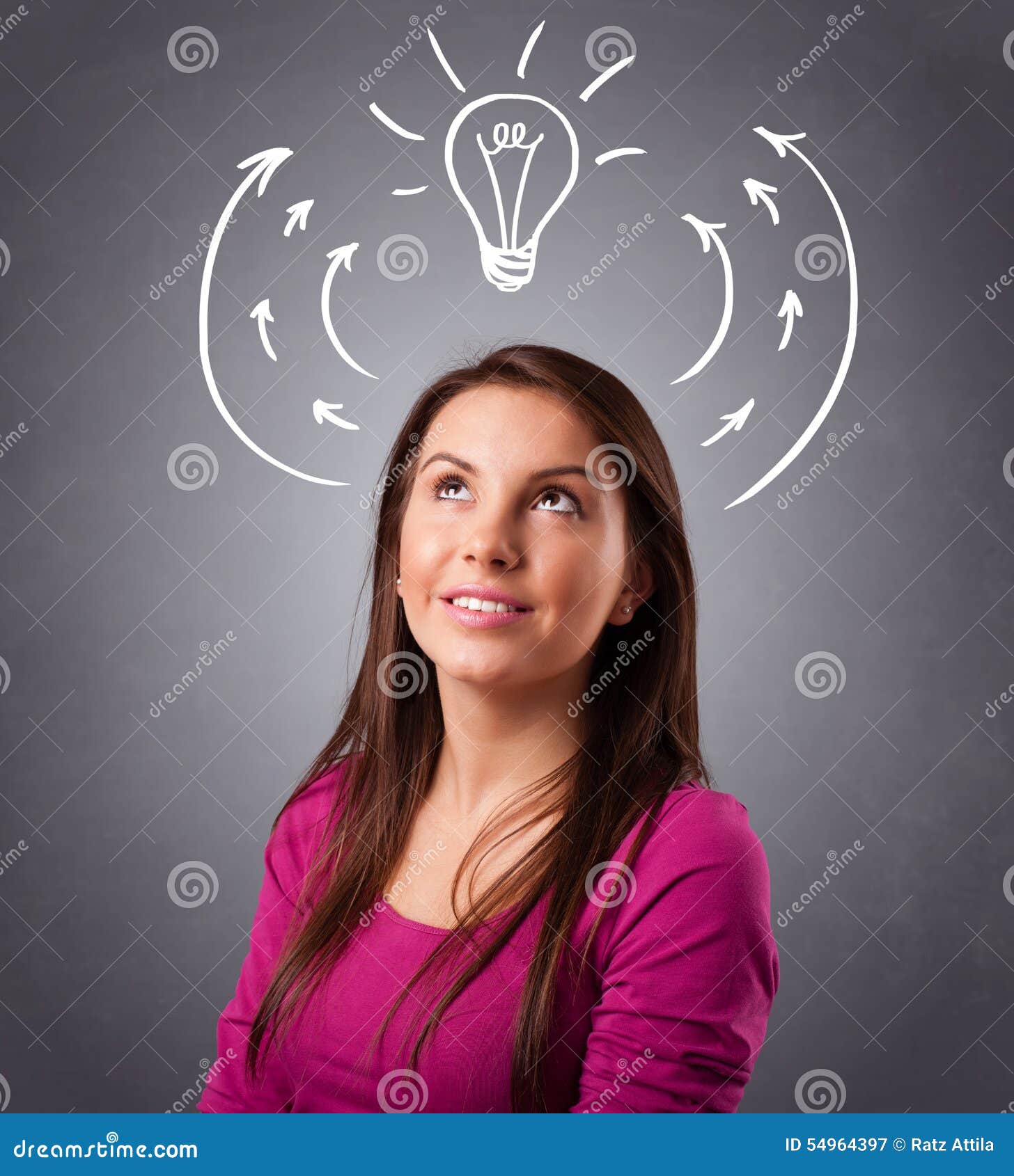 Pretty Lady Thinking with Arrows and Light Bulb Overhead Stock Image ...