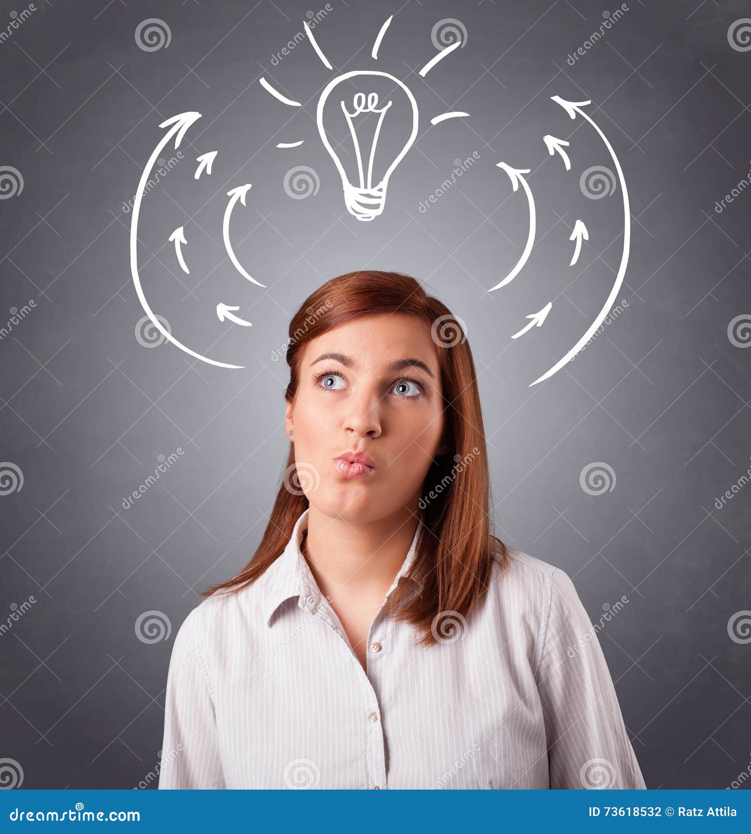 Pretty Lady Thinking with Arrows and Light Bulb Overhead Stock Photo ...