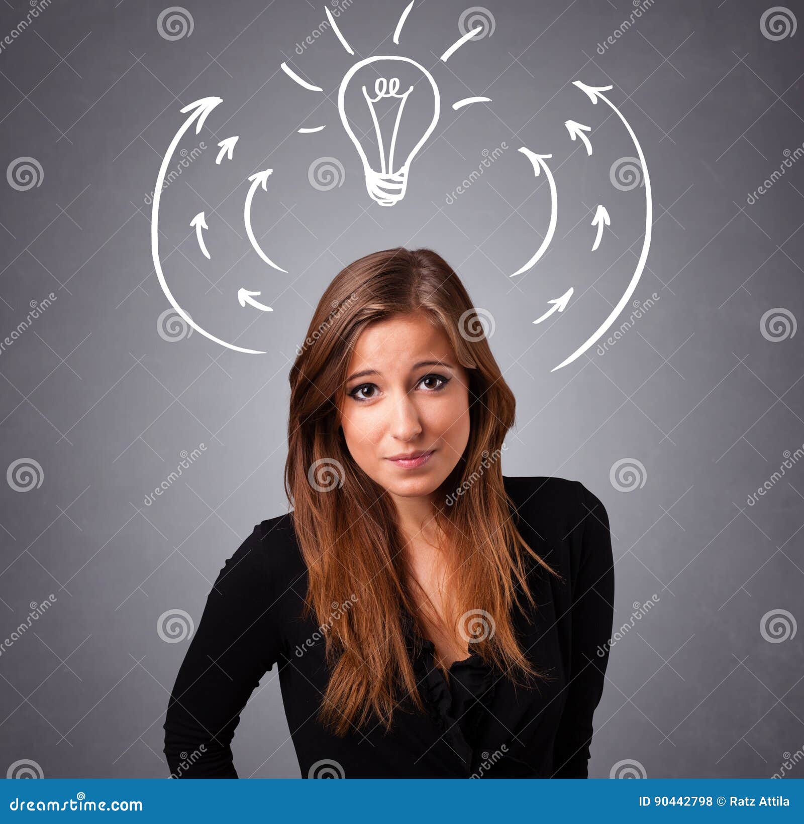 Pretty Lady Thinking with Arrows and Light Bulb Overhead Stock Photo ...
