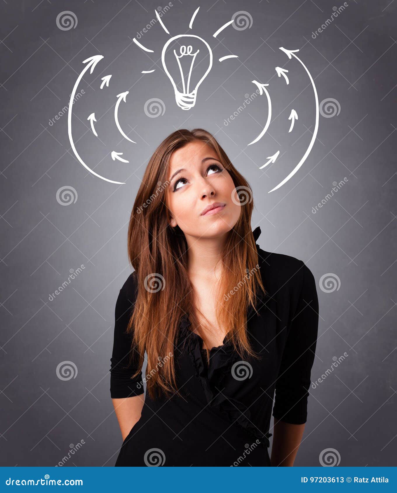 Pretty Lady Thinking with Arrows and Light Bulb Overhead Stock Image ...